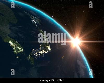 Night view of Japan and the sun seen from space Stock Photo - Alamy