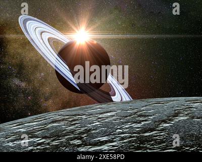 Planets with neighbouring rings and shining stars Stock Photo - Alamy