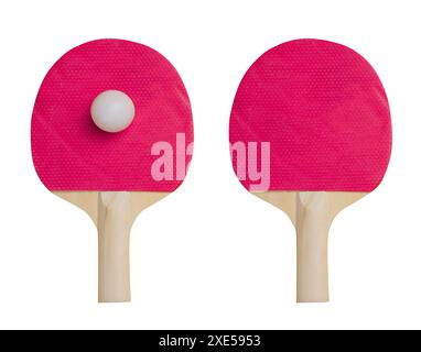 Wooden ping pong tennis racket and plastic ball on yellow background ...