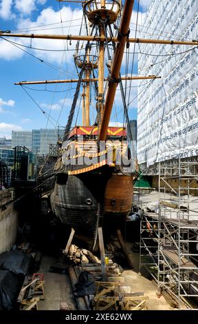 The replica "Golden Hind" in dry dock at Southwark, along the River ...