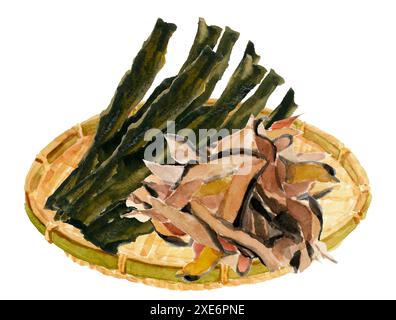 Illustration of kelp and shavings in a colander painted with ...