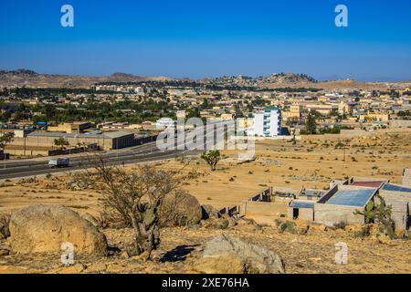 View over the town of Dekemhare along the road from Asmara to Qohaito ...