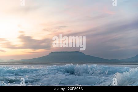 winter at lake Balaton, Hugnary. Broken ice, frozen lake, cold weather ...