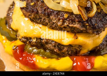 Homemade Chicago Big Baby Cheeseburger with Pickles and Onions Stock ...