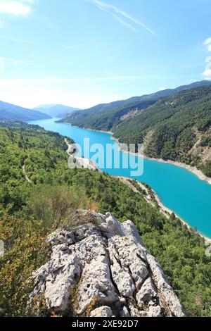 Top view above the Castillon lake, Alpes de Haute Provence, France ...