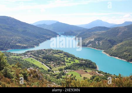 Top view above the Castillon lake, Alpes de Haute Provence, France ...
