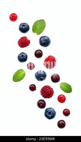 Fresh tasty fruits and berries falling into bowl on white background ...