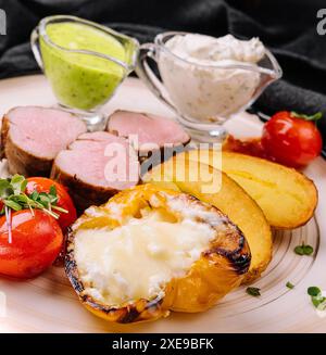 Roast turkey, potatoes, carrots and fresh parsley in a bowl on a wooden ...