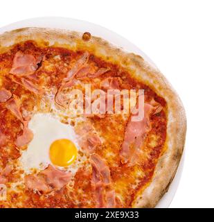 Pizza with bacon, cheese and herbs on a black wooden background Stock ...