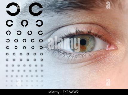 Landolt ring chart and closeup of man's eye. Vision acuity test Stock ...