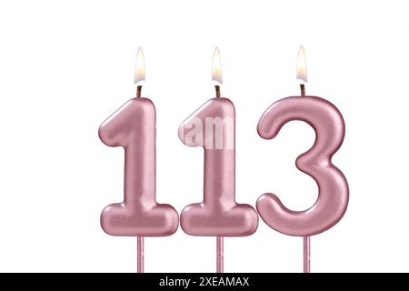 Lit birthday candle - Candle number 113 on white background Stock Photo ...