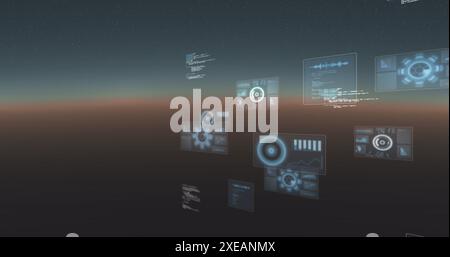 Multiple round scanners and screens with data processing against black background, digital image ...