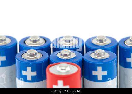 Close-up of AA batteries displaying the positive terminals, with a mix ...