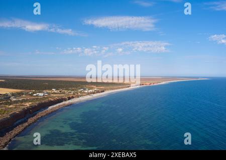 Aerial of the fishing shack coastal village of Port Gibbon Eyre ...