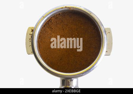 porta filter with ground coffee or coffee powder isolated from a white ...