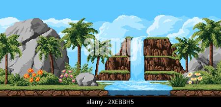 8 bit pixel game waterfall cascade landscape, video arcade vector ...