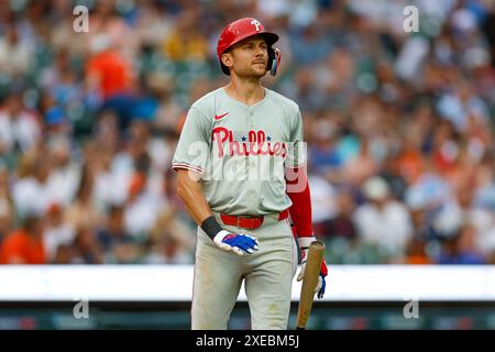 Philadelphia Phillies' Trea Turner reacts after striking out against ...