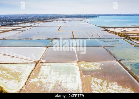 Aerial view of a system of salt evaporaion ponds at Moolap in Southern ...