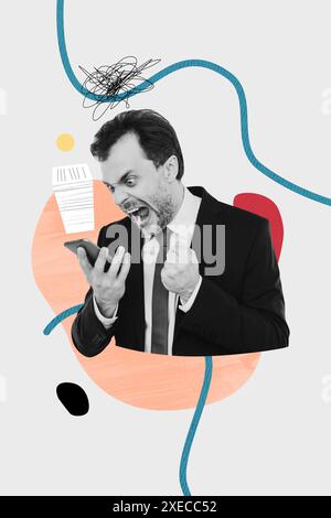Vertical photo collage of angry businessman scream work failure pile ...