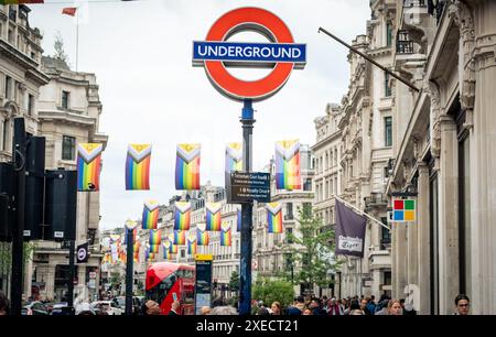 LONDON- JUNE 13, 2024: Pride flags on display on Regent Street, famous ...