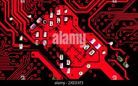 Macro Close up of printed wiring and components on PC circuit board ...