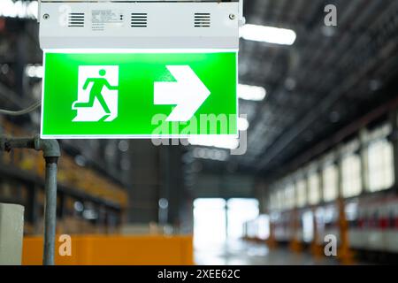 Emergency exit sign on the platform of the railway repair station Stock ...