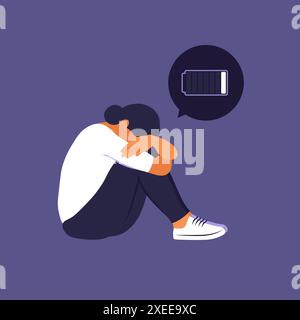 Tired woman sitting with a discharged battery in the thoughts. Concept ...