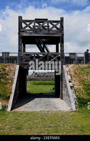The reconstruction of the main gateway at Richborough Roman Fort. The ...