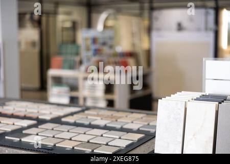 Assorted tile samples presented on display boards in store Stock Photo ...