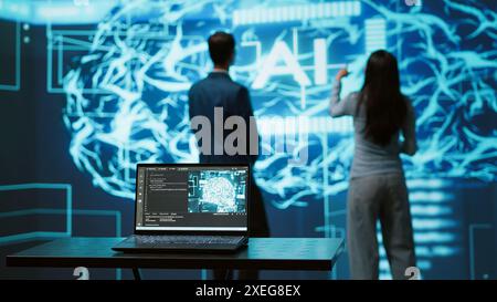 Engineers use AR tech to visualize AI neural networks brain, solving company problems. IT ...