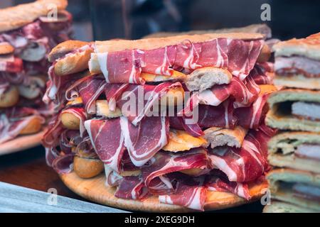 Bocadillos on showcase of spanish fast food cafe Stock Photo - Alamy