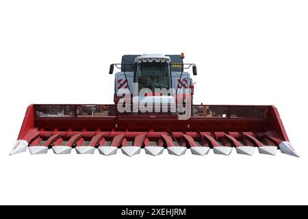 Red combine harvester agriculture machinery isolated on white ...