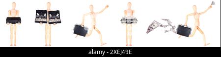 Collection of wooden human mannequins demonstrating different poses and ...