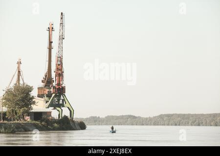 Ruse port coastal view with portal cranes at the embankment, Danube ...