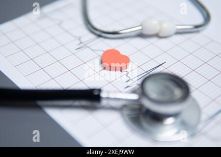 Closeup image of a stethoscope and red heart on a electrocardiogram ...