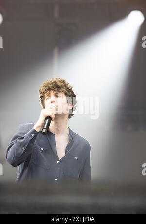 Linz, Austria. 27th June, 2024. Singer Clemens Rehbein during a concert ...
