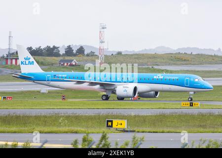 A KLM Embraer 195 E2 regional aircraft arriving in Bergen in Norway ...