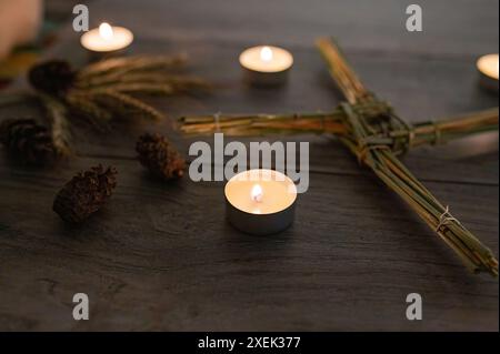 Wiccan altar for Imbolc sabbath. winter-spring pagan festive ritual ...