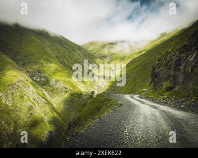 Dangerous mountain road in Tusheti, travel across Georgia. Caucasus ...