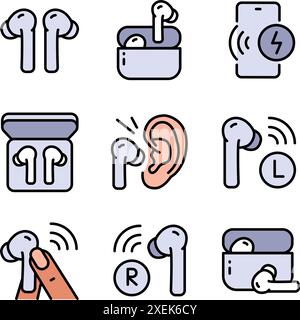 Wireless earbud color icons set. Editable stroke. Vector simple flat ...