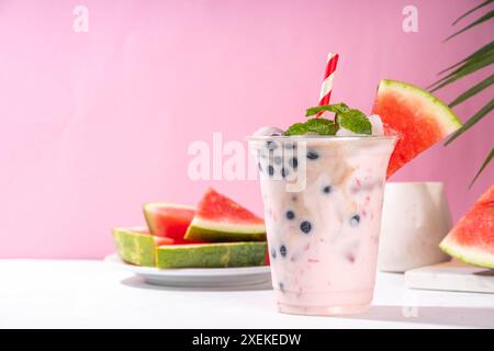 Watermelon boba balls bubble tea cocktail. Refreshing milky non-dairy ...