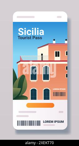 Tourist pass ticket design featuring a Mediterranean-style house with ...