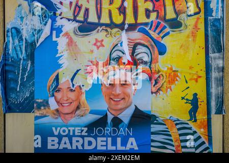 France. 22nd June, 2024. Torn election posters of Jordan Bardella mix ...