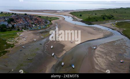 Aerial drone view of Alnmouth village and river Aln estuary ...