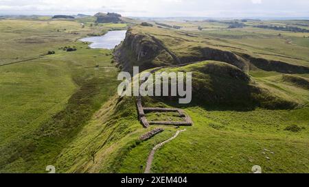 Aerial view of Milecastle 39 - Hadrian's Wall, Northumberland, England ...