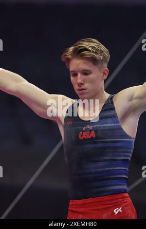 June 27, 2024: Gymnast Shane Wiskus celebrates his final routine during ...