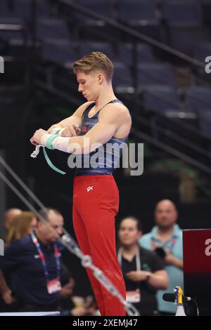 June 27, 2024: Gymnast Shane Wiskus celebrates his final routine during ...