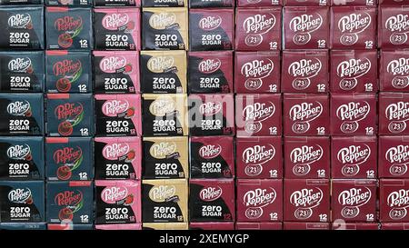 Indianapolis - June 28, 2024: Dr Pepper soft drink cases on display at ...