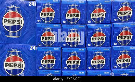 Indianapolis - June 28, 2024: Pepsi cases on display. Pepsi and PepsiCo ...