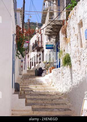 Picturesque alley at the island of Hydra, in Argosaronic gulf near ...